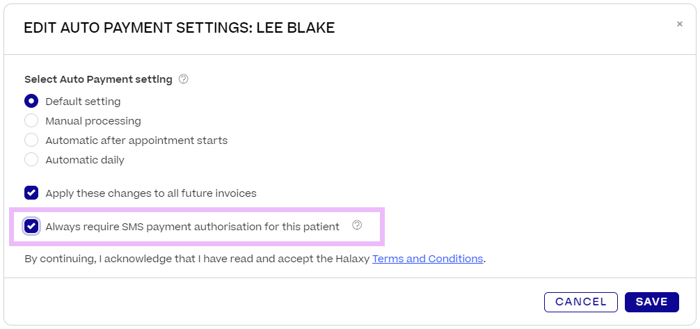 Enable SMS payment authorisation for patients – Halaxy Help Guide