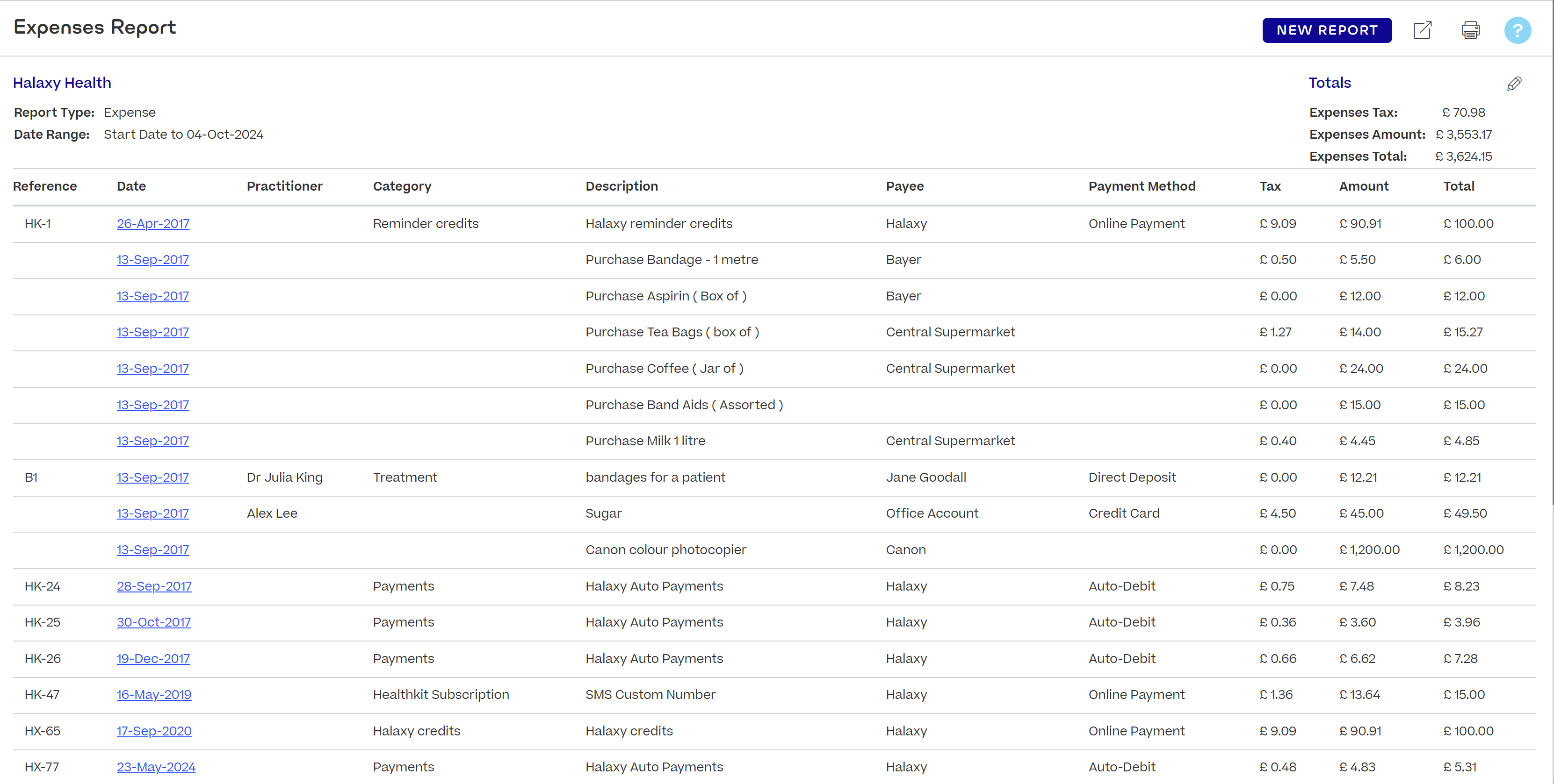 Report on expenses – Halaxy Help Guide | United Kingdom (UK)