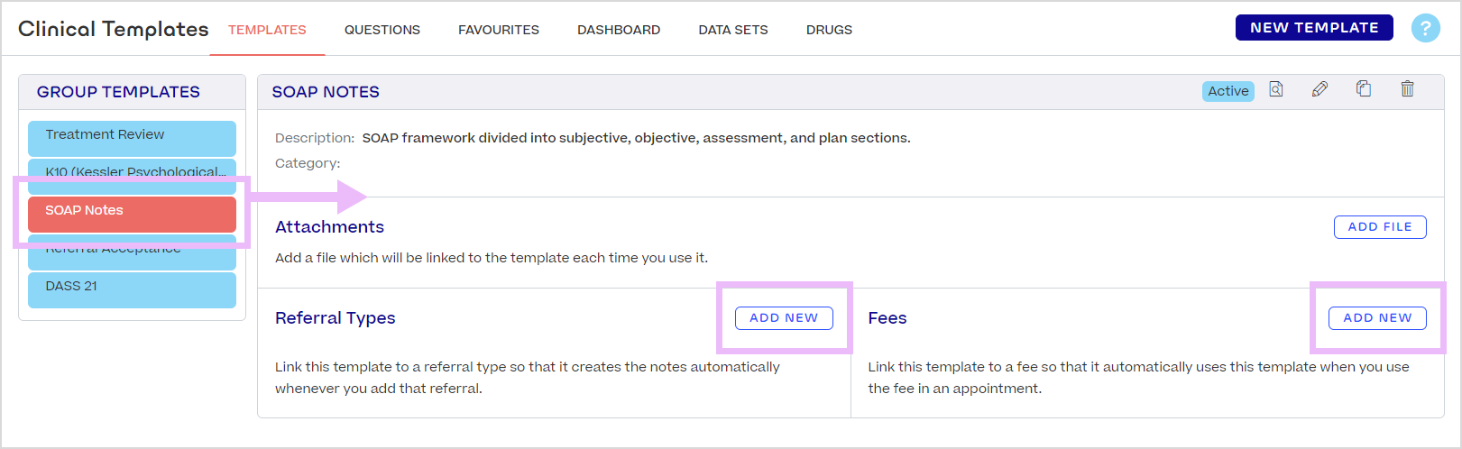 Link a clinical template to referral types and fees – Halaxy Help Guide