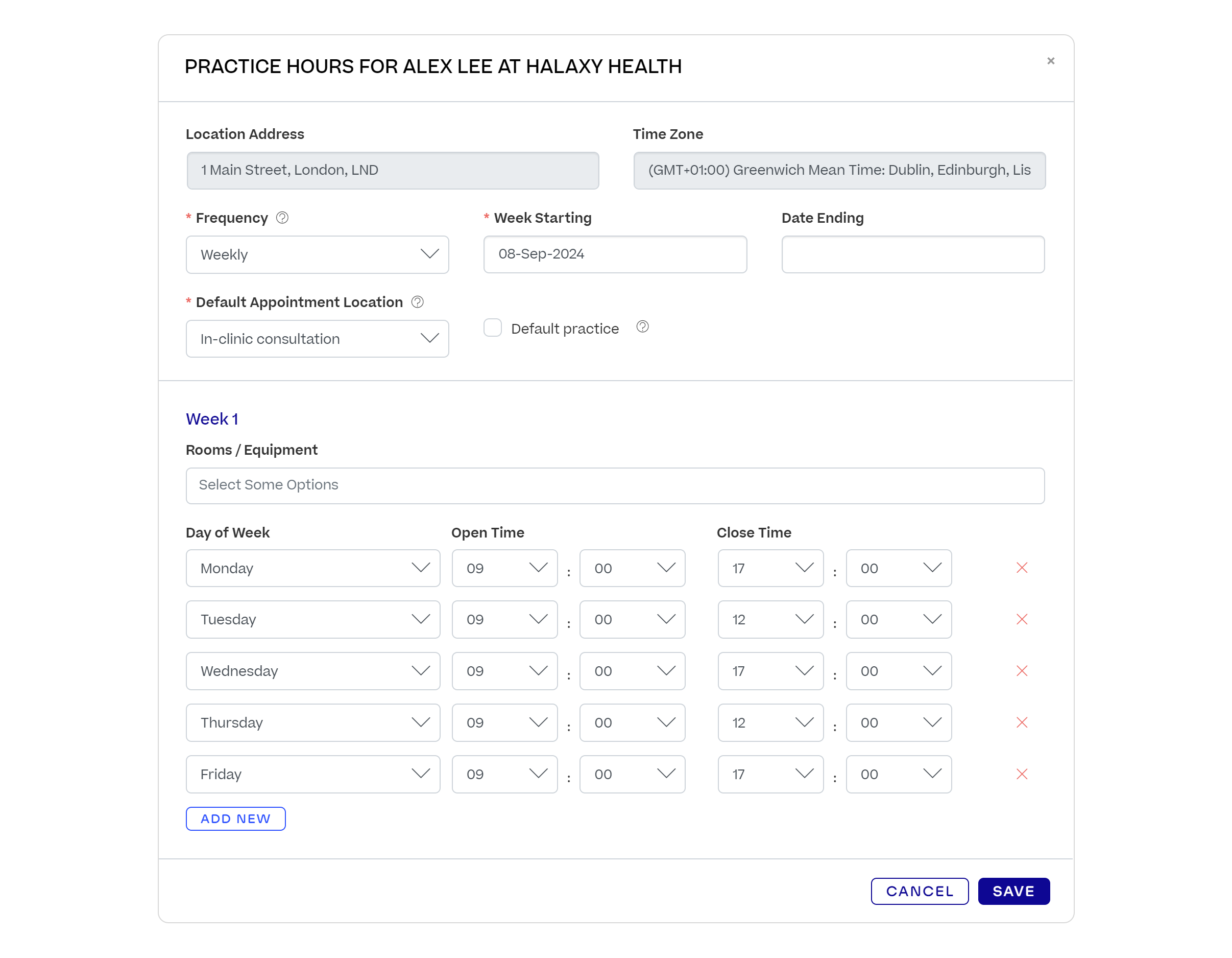 Add or change practice hours – Halaxy Help Guide | United Kingdom (UK)