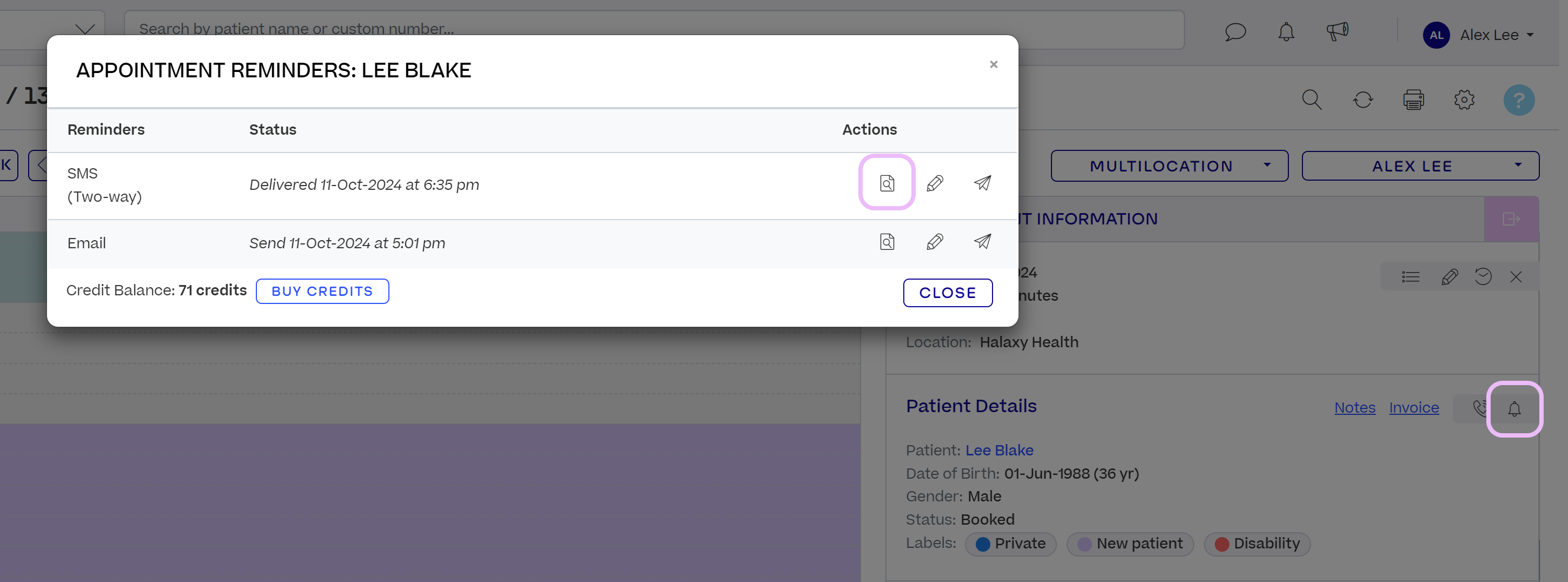 View send status of reminders – Halaxy Help Guide