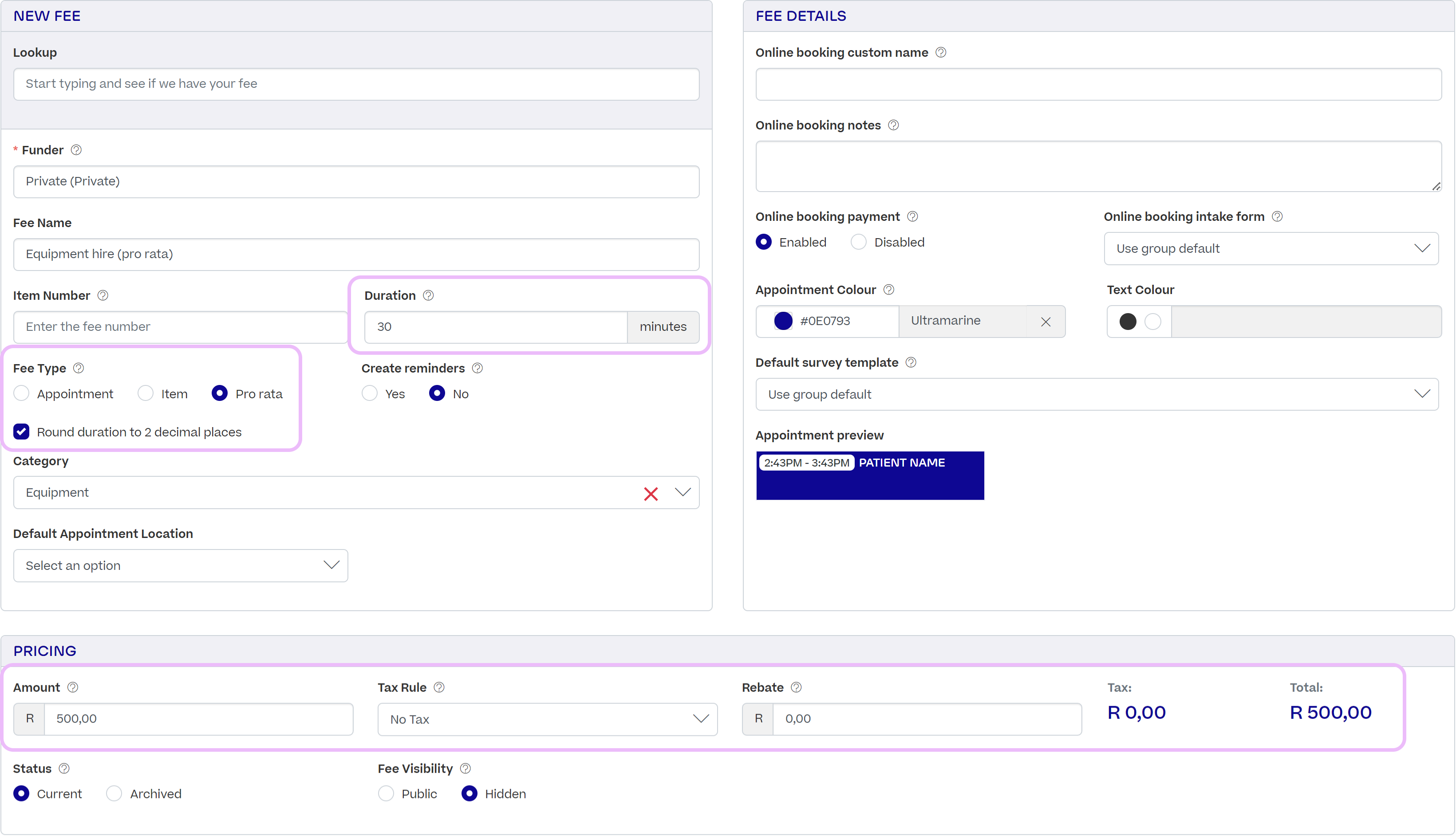 Add a pro rata (duration-based) fee – Halaxy Help Guide | South Africa