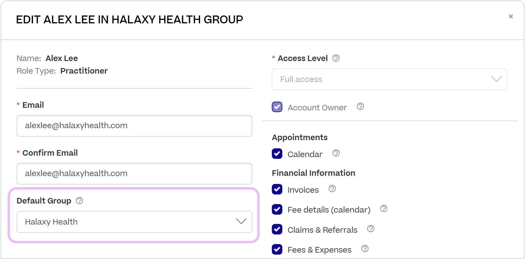 Set a default practice group – Halaxy Help Guide