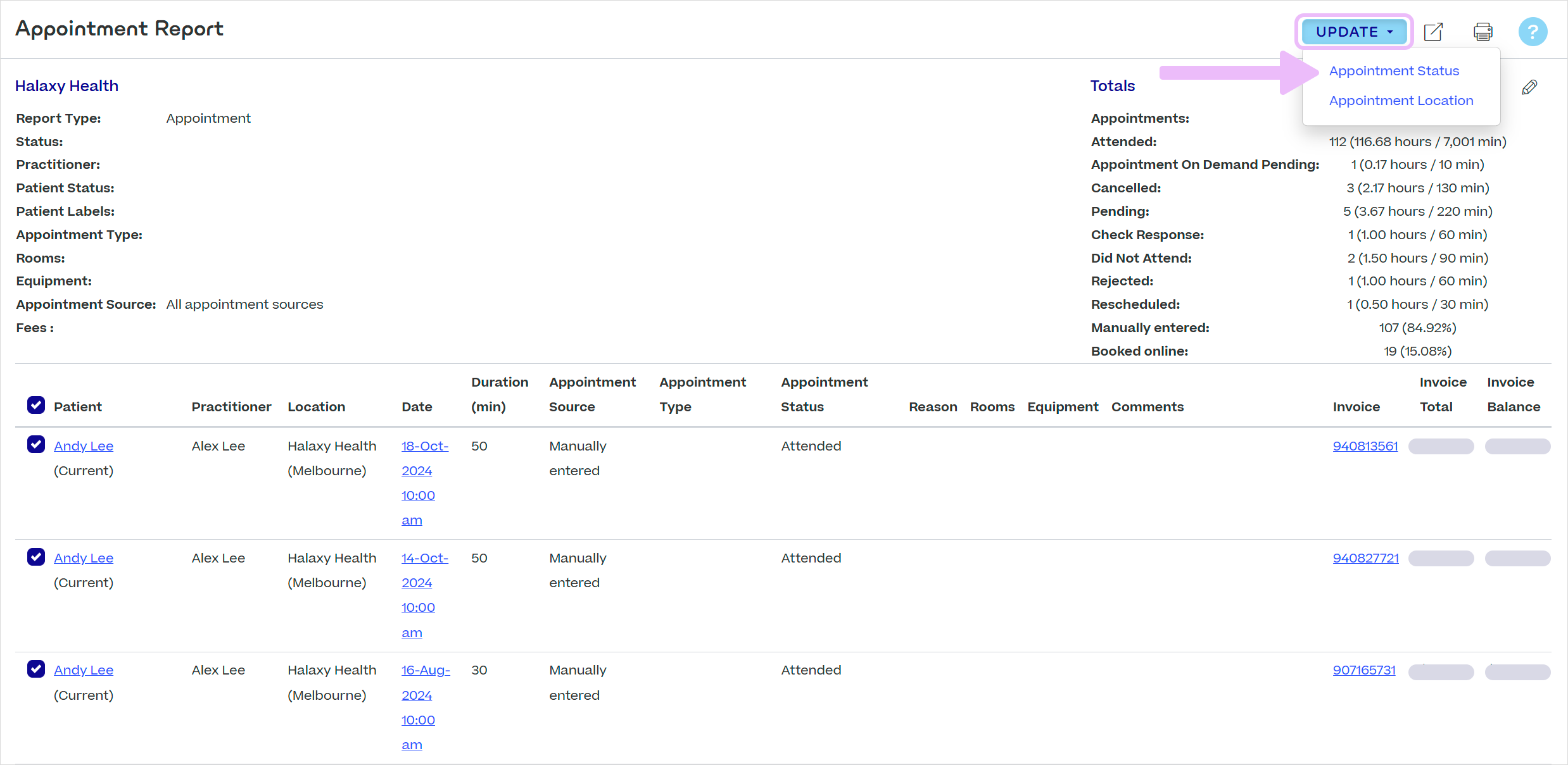 Apply bulk update to multiple appointments – Halaxy Help Guide