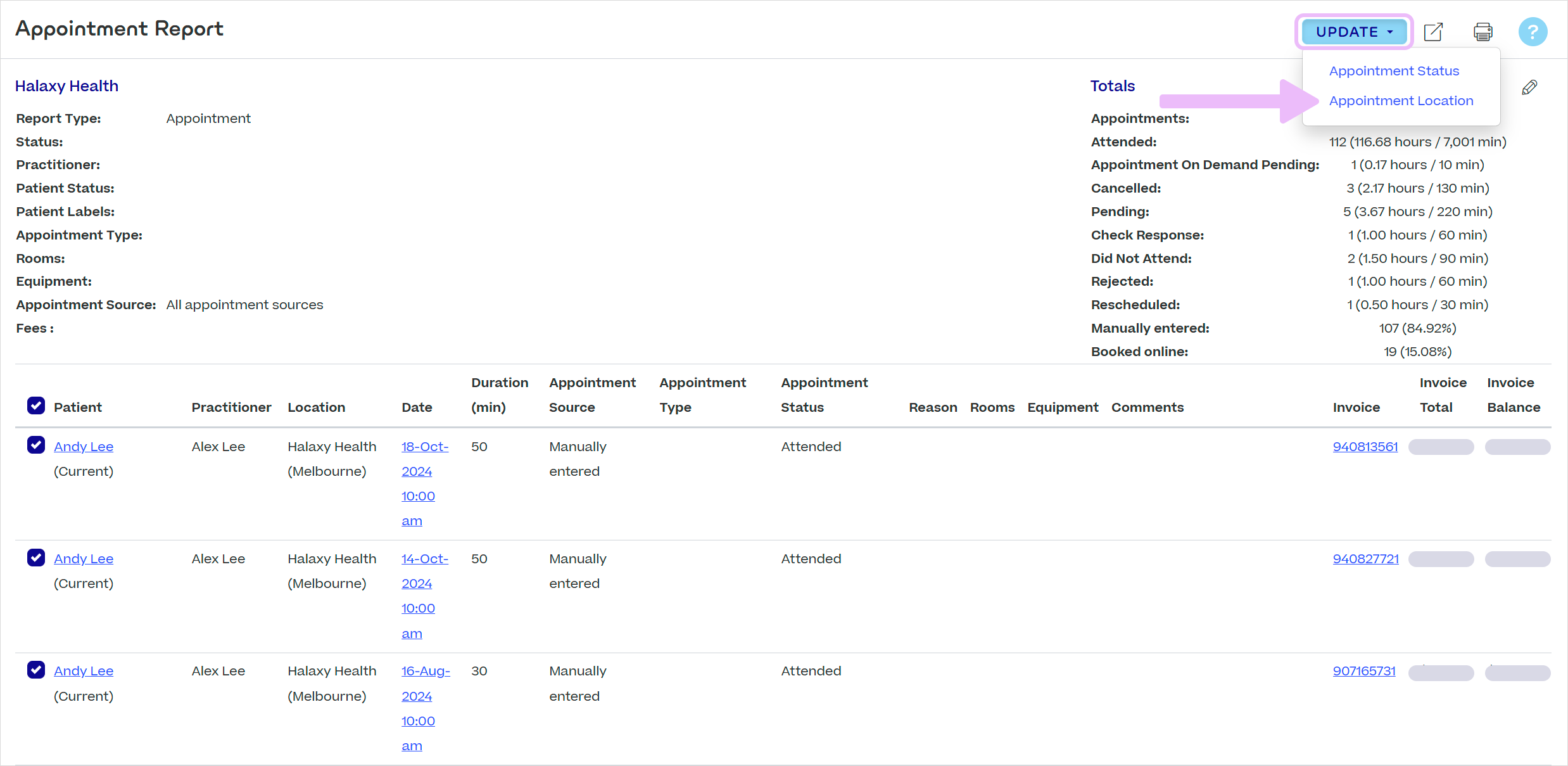 Apply bulk update to multiple appointments – Halaxy Help Guide