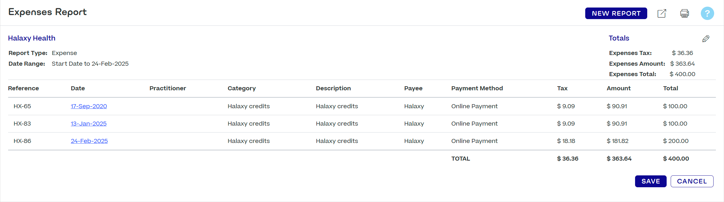 Report on Halaxy credits – Halaxy Help Guide