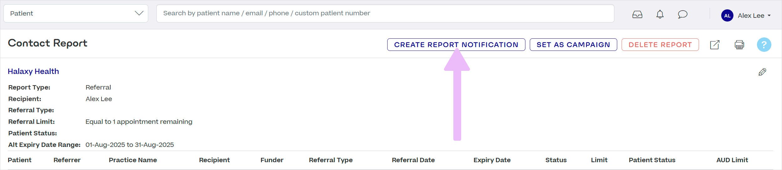 Create a report notification – Halaxy Help Guide