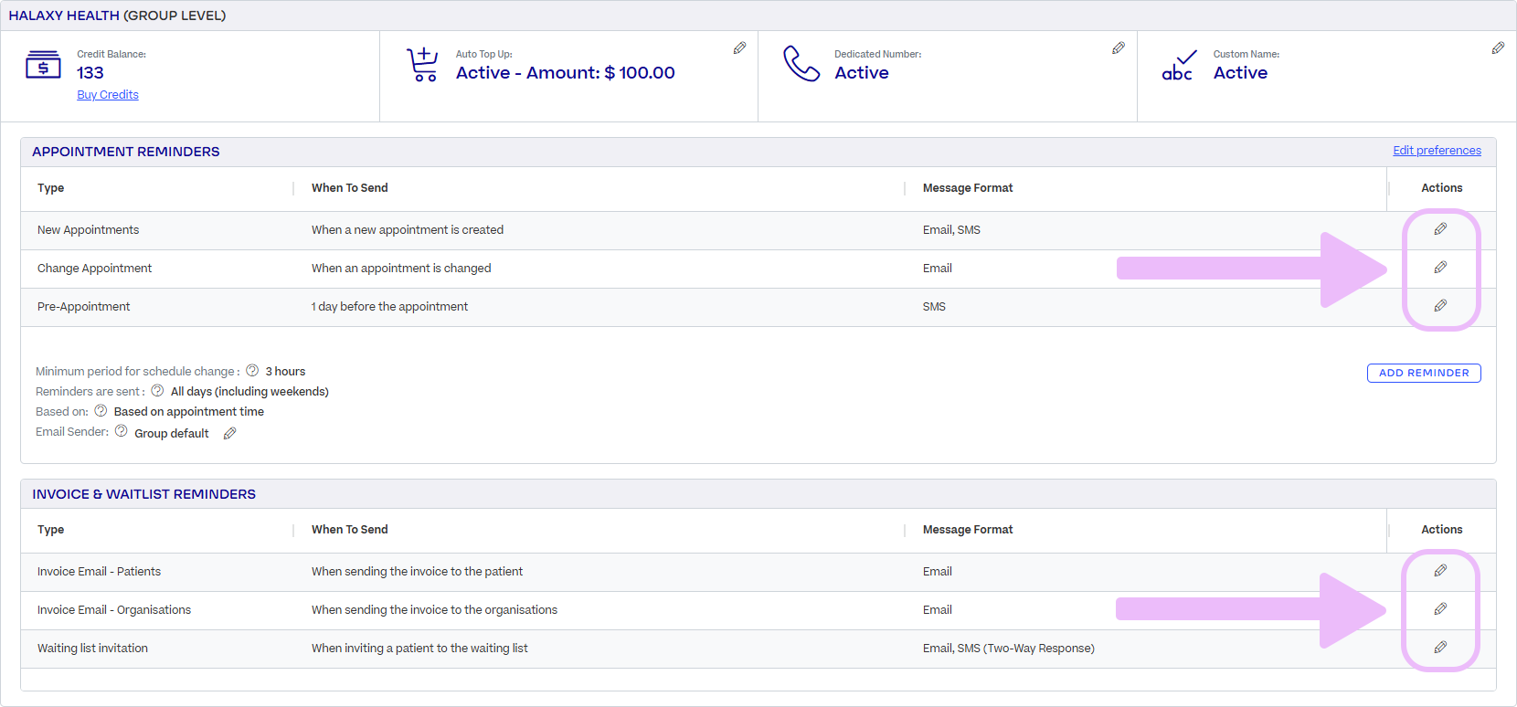 Guide to reminder settings – Halaxy Help Guide