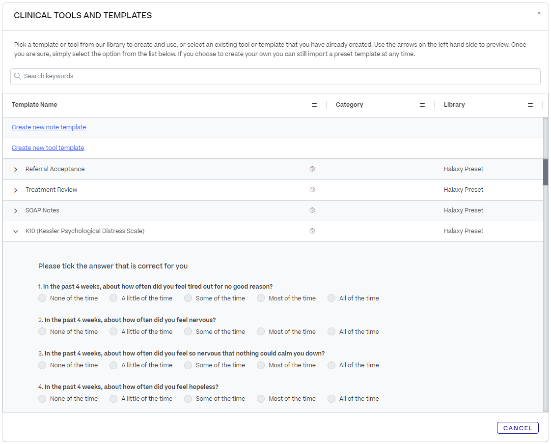 Import a preset clinical note template or clinical tool – Halaxy Help Guide