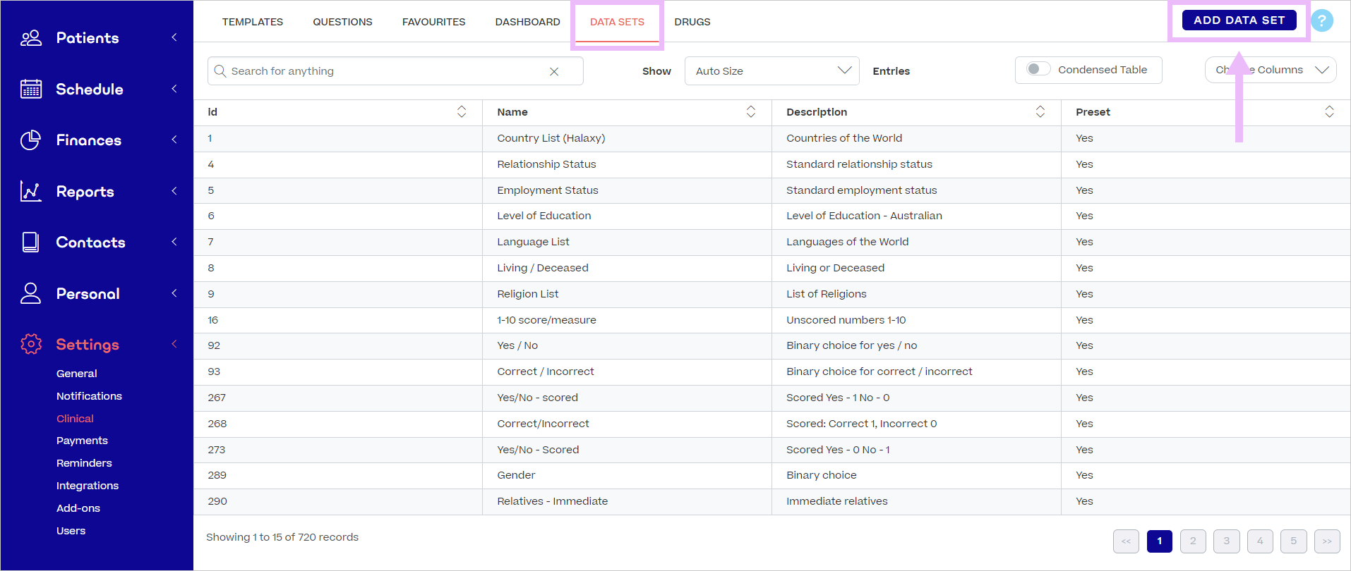 Guide to data sets – Halaxy Help Guide