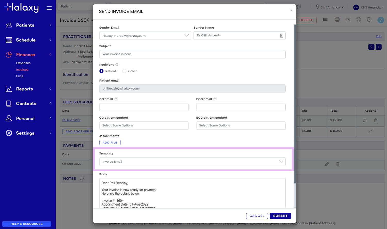 Set up template for invoice emails – Halaxy Help Guide