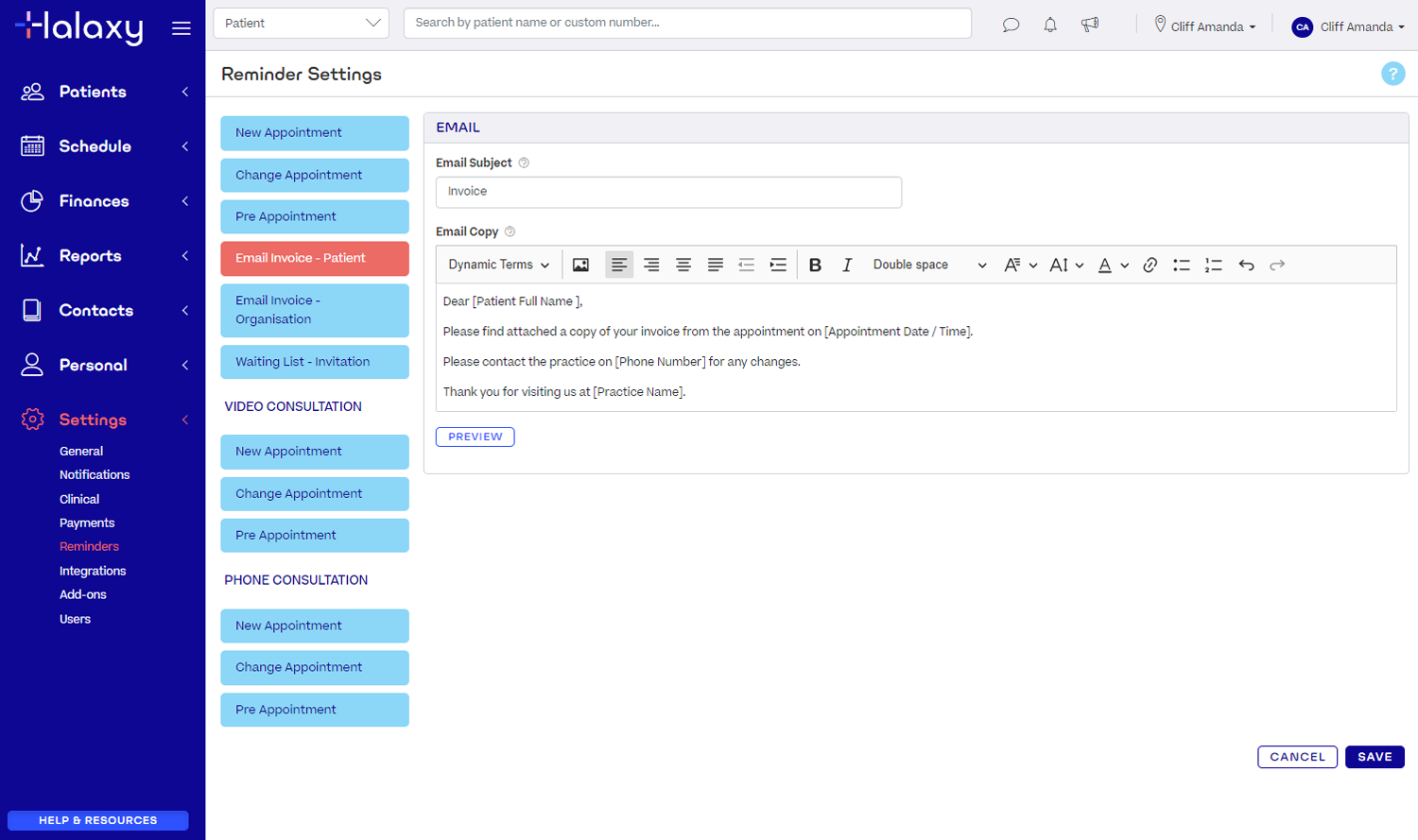 Set up template for invoice emails – Halaxy Help Guide